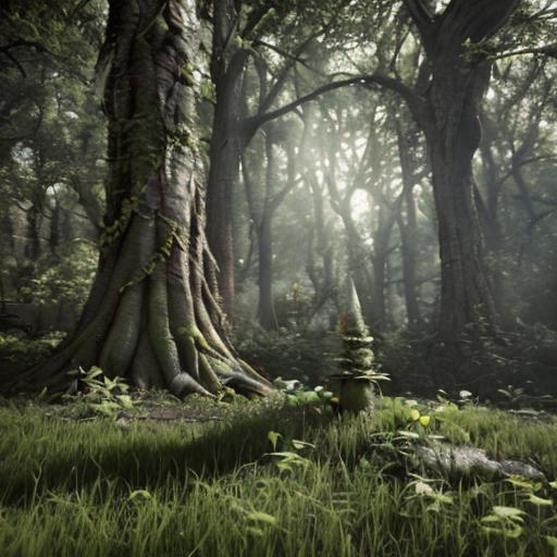 A terrifying gnome forest. Lots of shaded trees. A m... | OpenArt