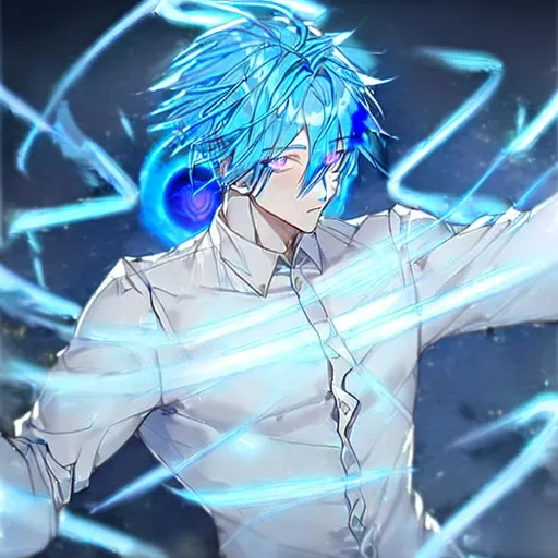 a Man with glowing blue hair, glowing white eyes | OpenArt