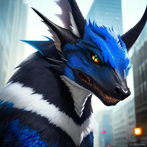 Portrait of an anthro wyvern with striking blue fur...