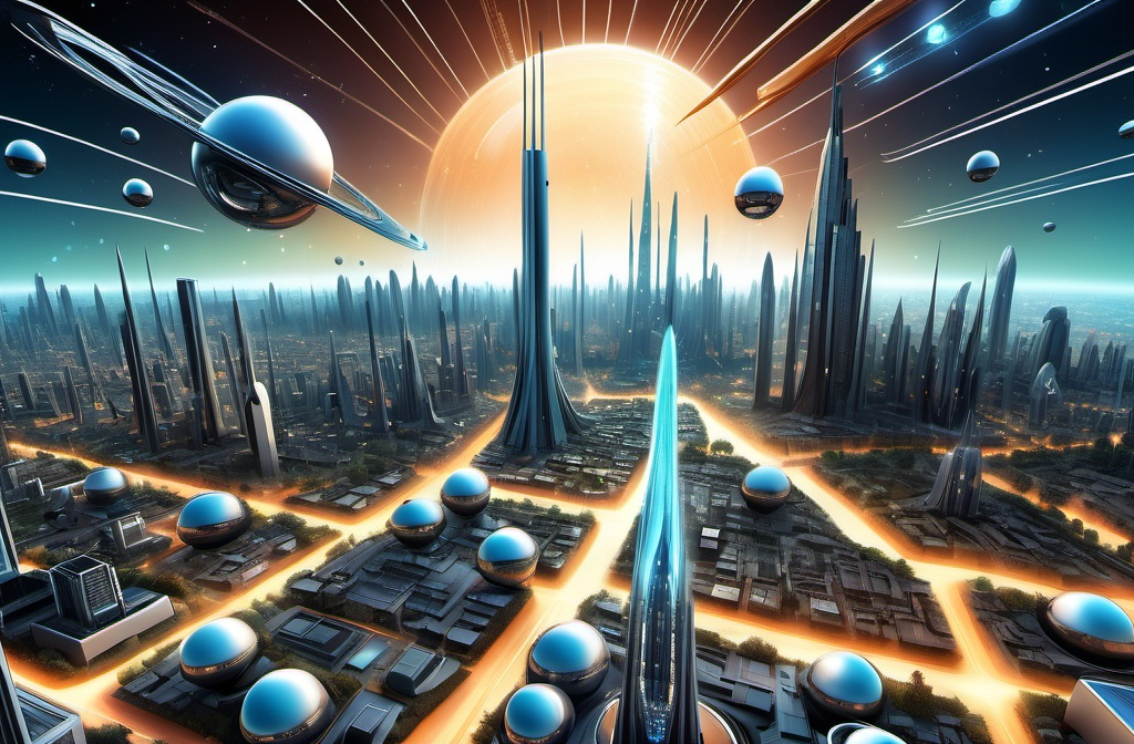 futuristic cityscape merging technology and art, viv...