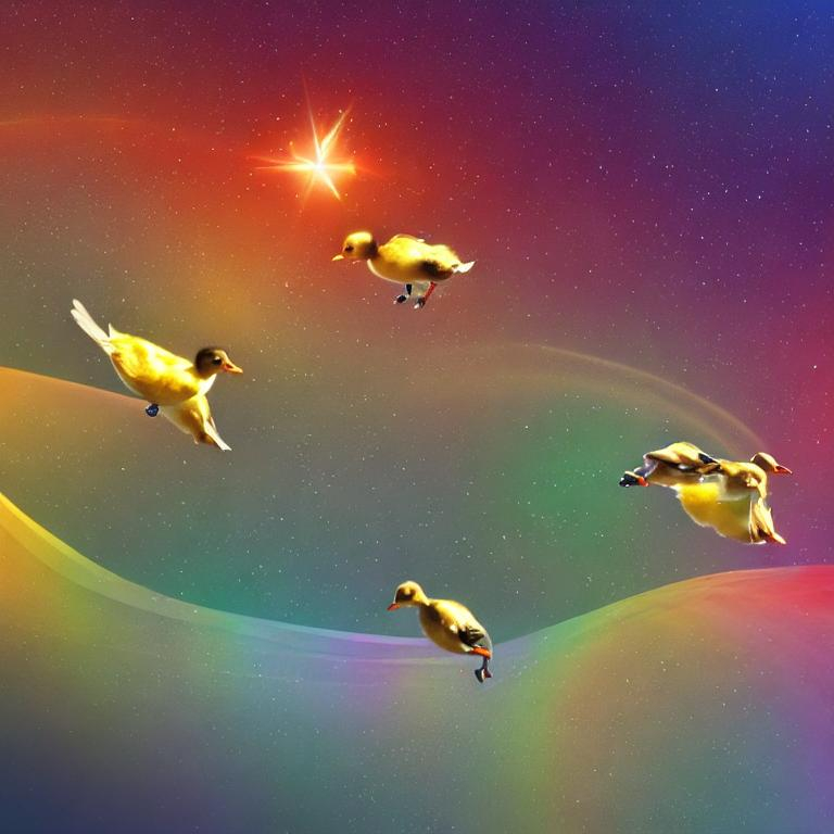 ducklings on a rainbow, outer space, highly detailed...