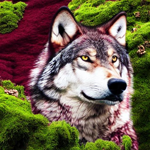 photorealistic 8k soft-maroon colored wolf with moss... | OpenArt