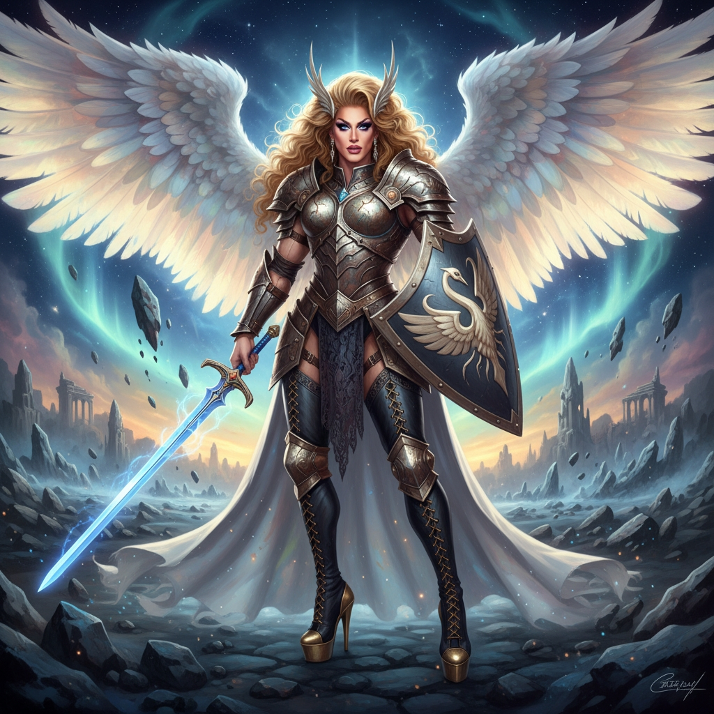 Ethereal drag queen Valkyrie paladin. Huge swan wing...
