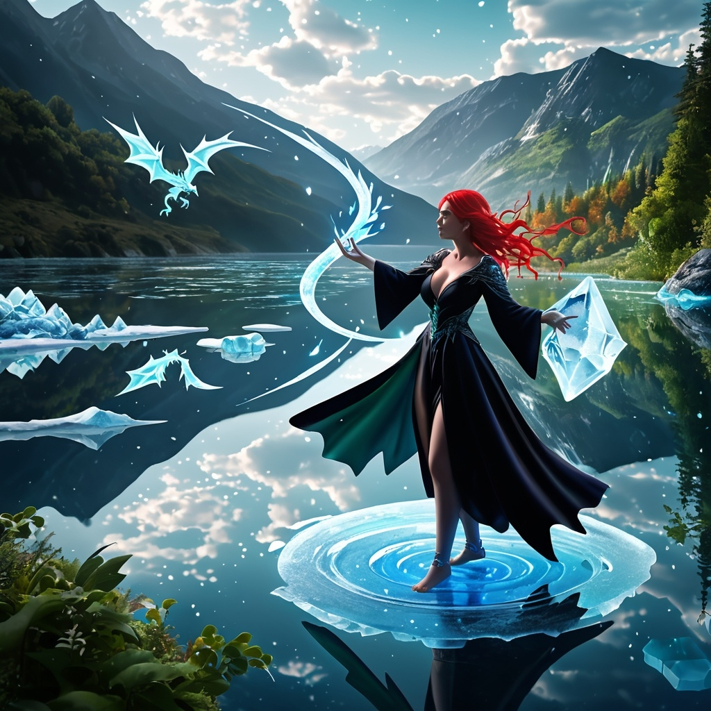 lady wizard, blue and red hair, over a lake,big clea...