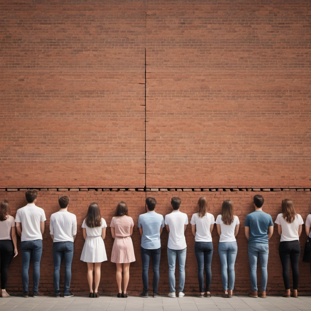 a brick wall between 2 groups of people, diagonal an...