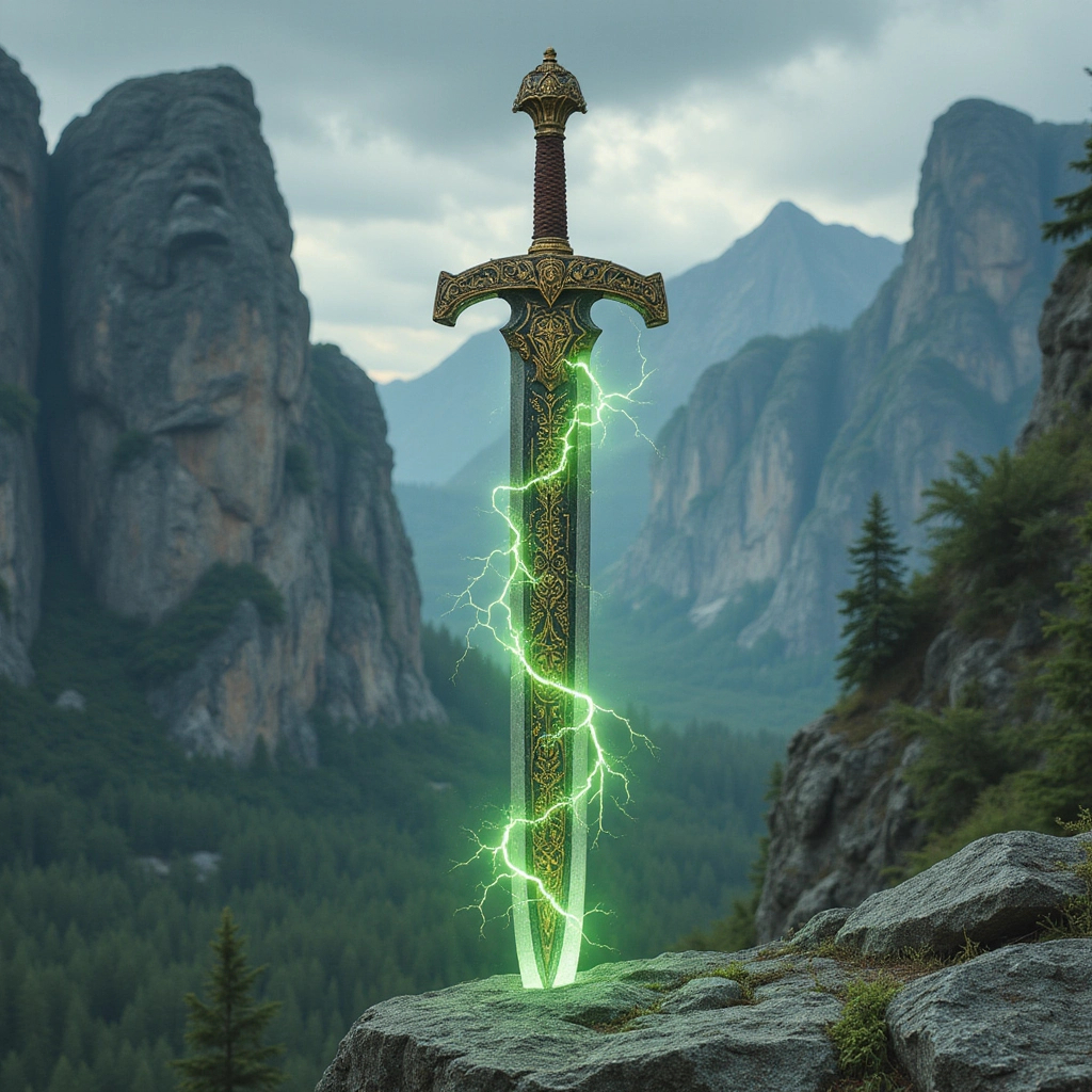 A magnificent ancient sword stands upright, seemingl...