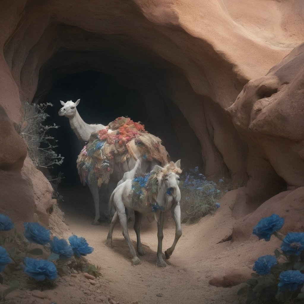Tunnel cave inside Deseret with blue camels and dark...