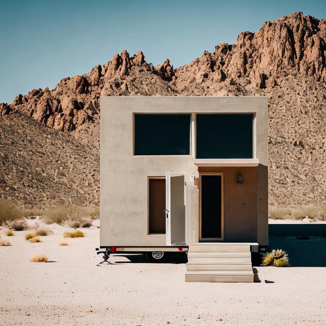 A photo of a tiny house in the desert. Brutalist. Mi...