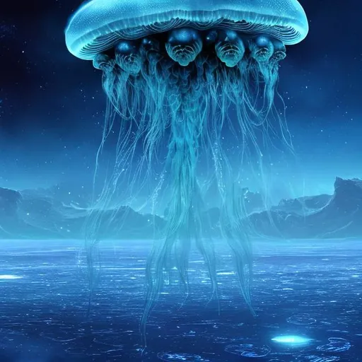 Matte painting of blue alien jellyfish-like creature... | OpenArt