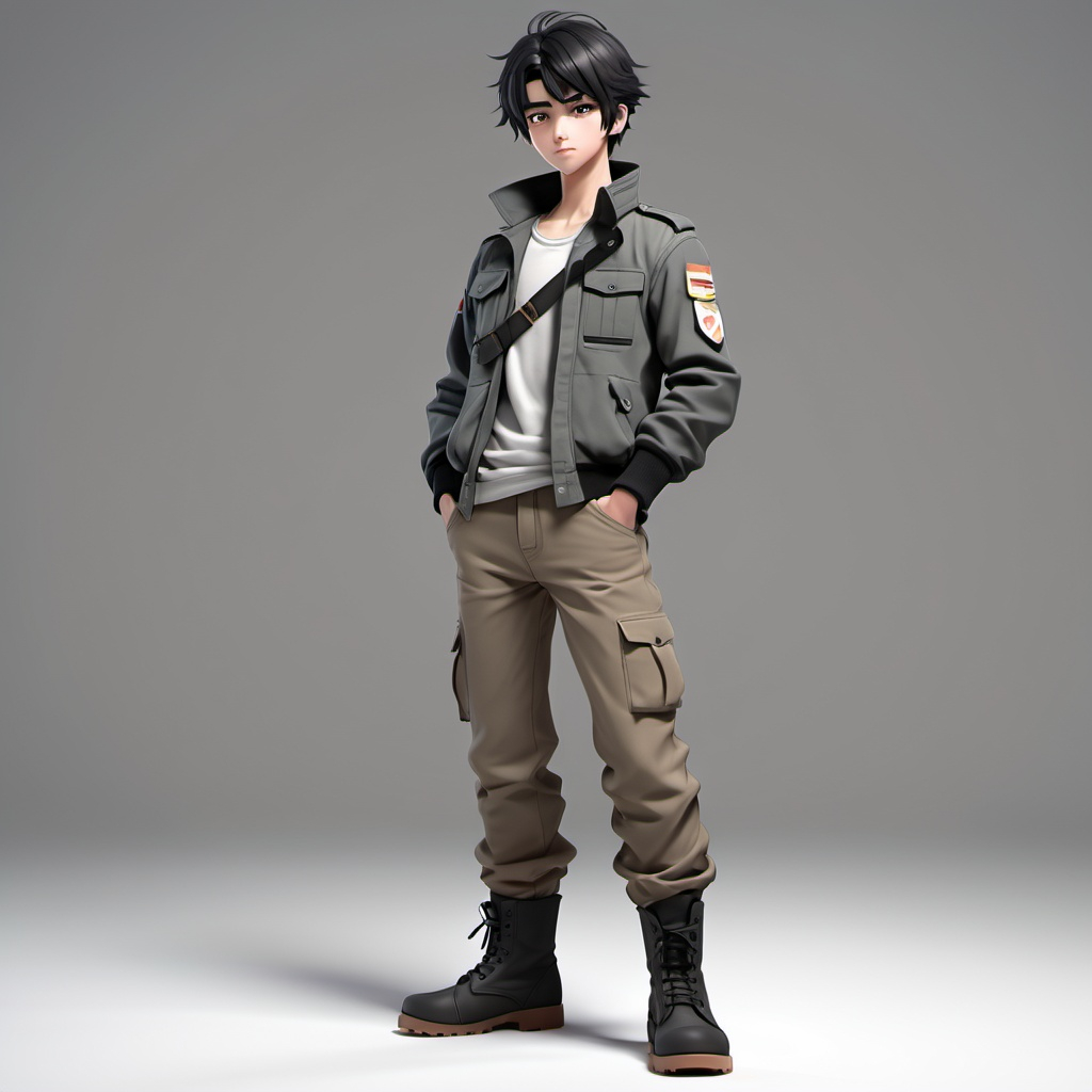 A teenage cgi male anime boy. Has black color hair....