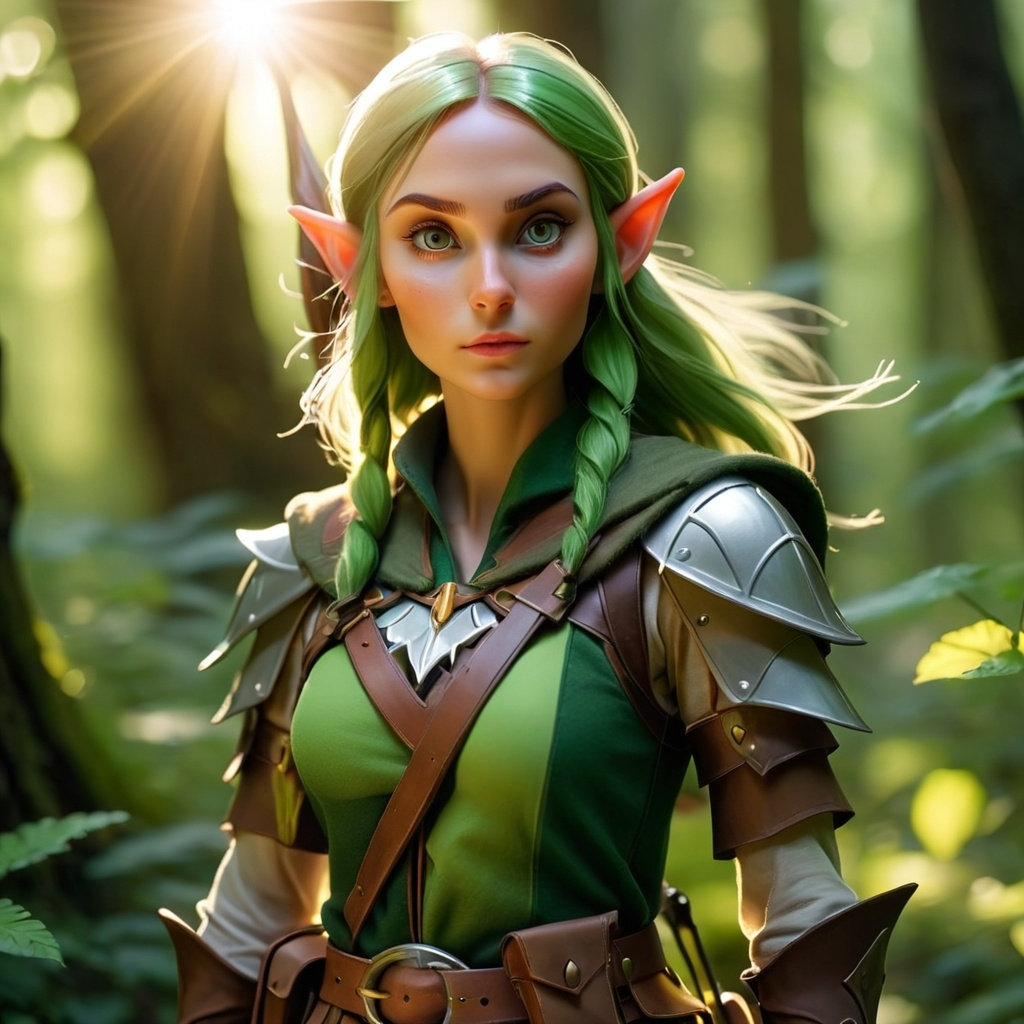 Elf ranger in a mystical forest around sunlight