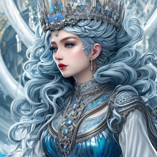 Blue and silver haired queen with hyper detailed cro...