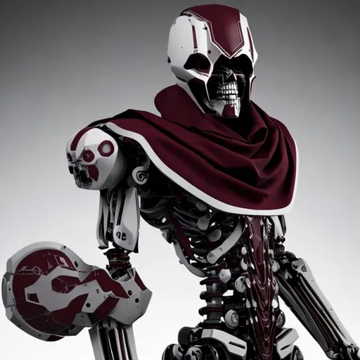 A robot with the design of a skeleton with a maroon...