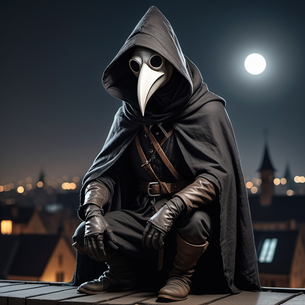 a medieval rogue wearing a hooded plague doctor mask...