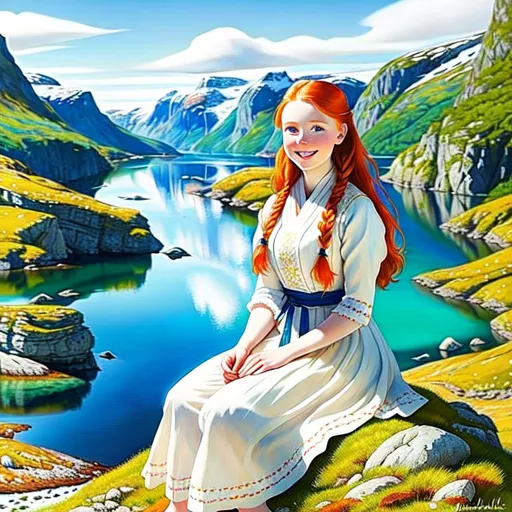 Pale redhead Norwegian young woman traditional dress... | OpenArt