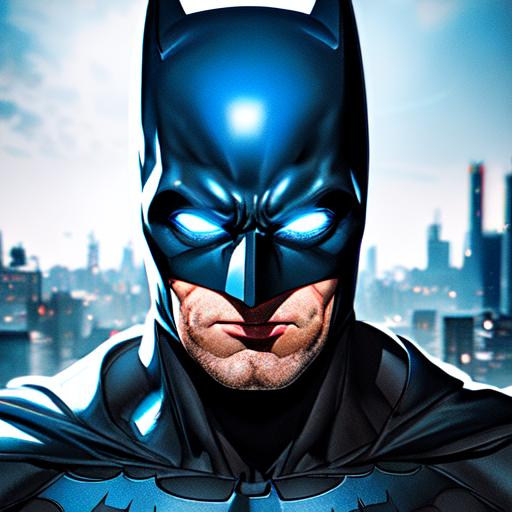 Portrait of Batman, with glowing blue eyes, city bac...