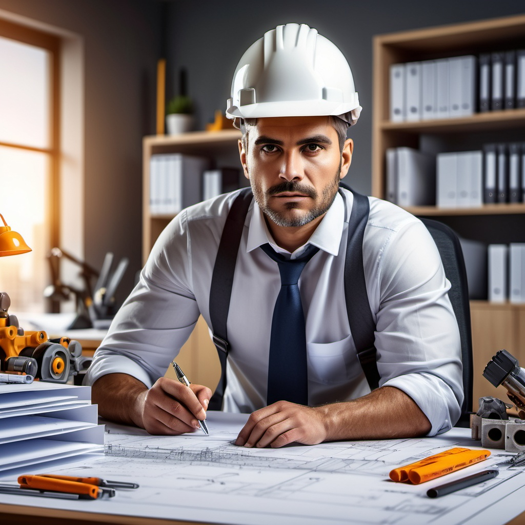 civil engineer behind the desk in the office, focuse...