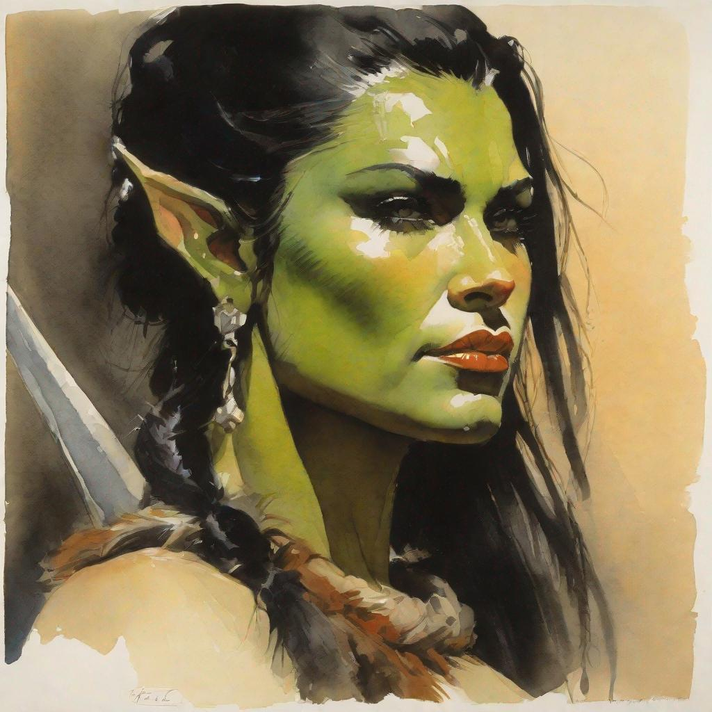 half orc female portrait, watercolor by Frank Frazet...
