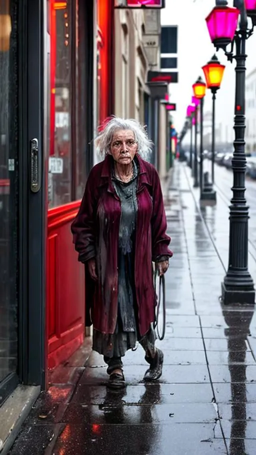 A dirty disheveled elderly woman in filthy clothes w...