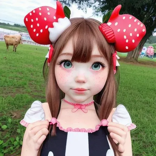 Strawberry cow as a human girl with cow ears and a c... | OpenArt