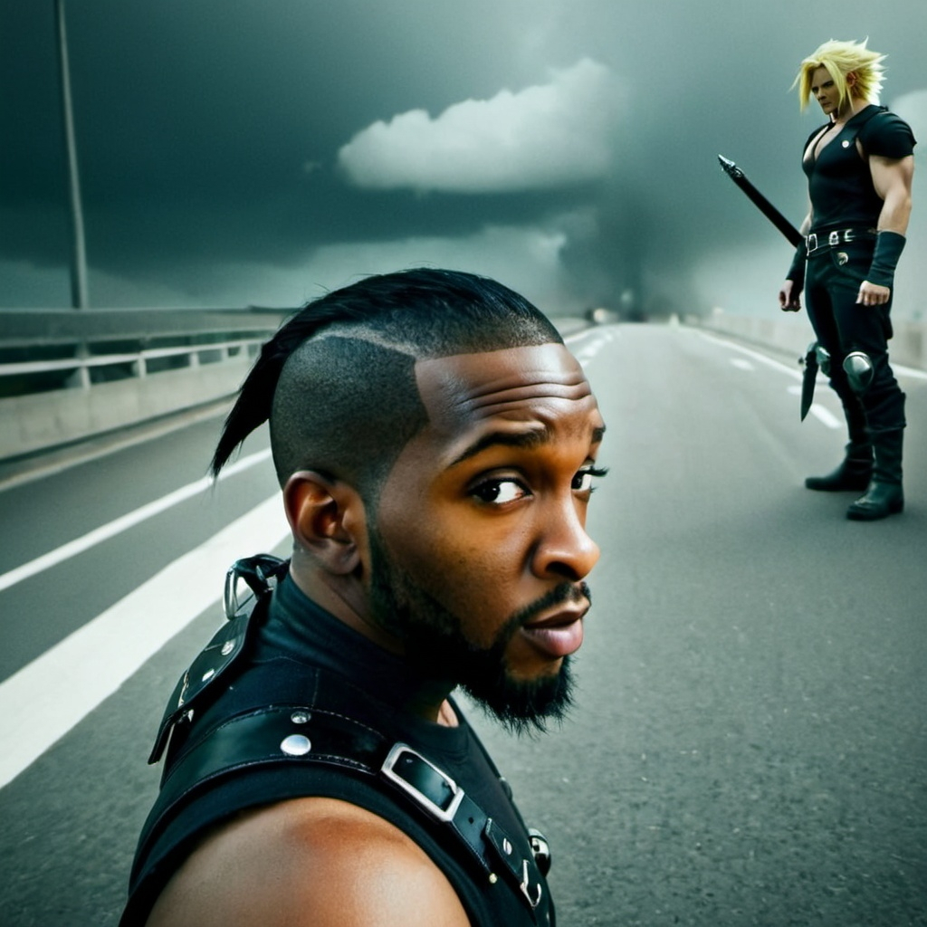 A man dressed as Barrett from FF7 on his way to Midg...