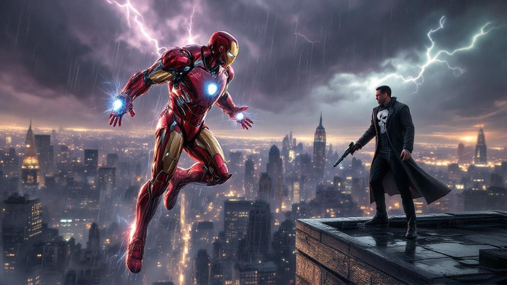 Picture this as a visual masterpiece: Iron Man hover...