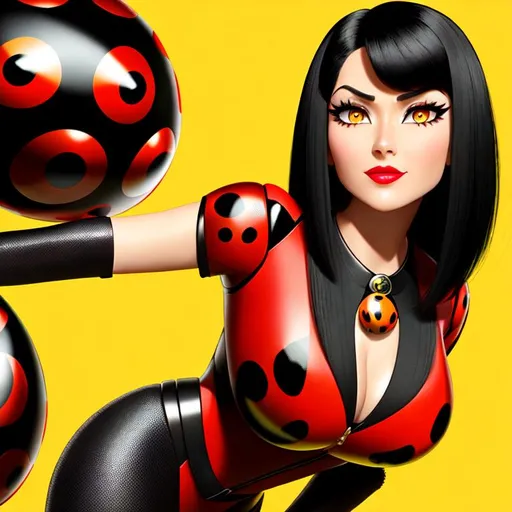Red skinned woman with black hair and yellow eyes in...