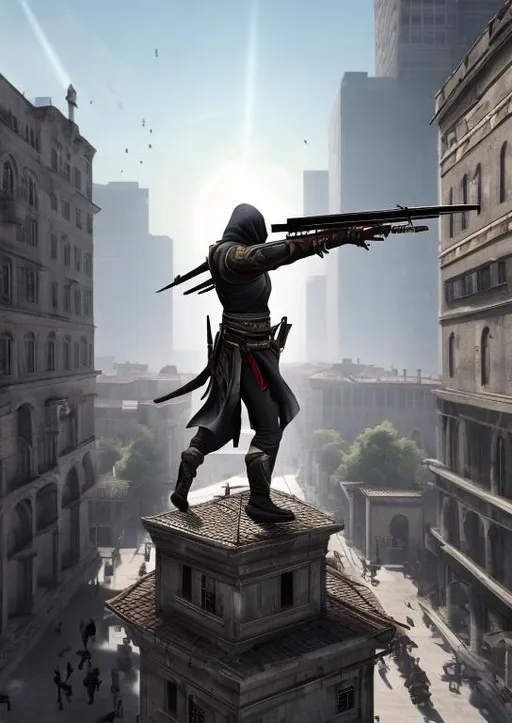 DnD archer on rooftop aiming at target in the street... | OpenArt