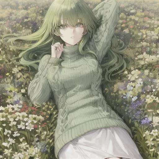 green haired girl with beautiful eyes sweater in a... | OpenArt