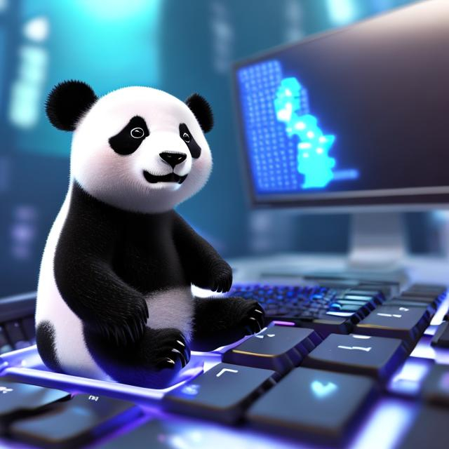 Tiny panda typing on a giant computer keyboard
