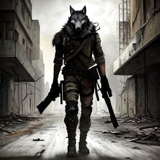 In a post apocalyptic world, a wolf, carrying his we...