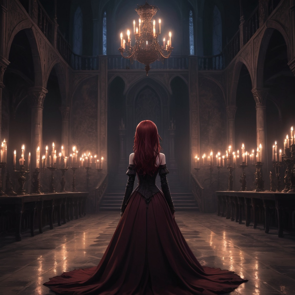 2d dark horror anime style, girl, dark red hair, pal...