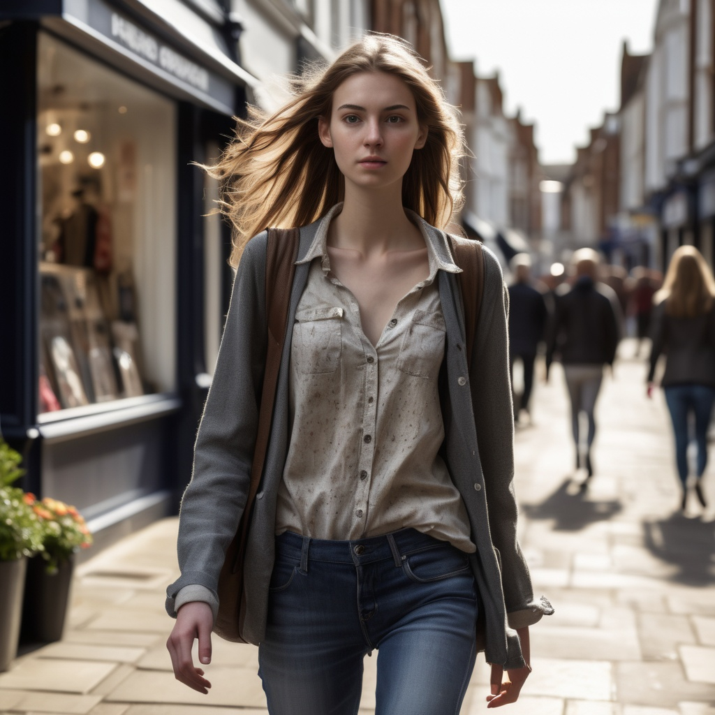 Tall young woman walking down the high street, detai...