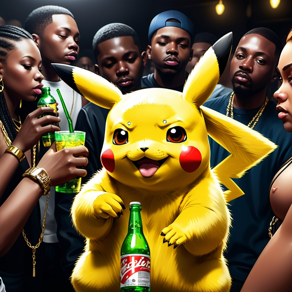 Pikachu. Wearing Gold chain. Drinking a bottle of sp...