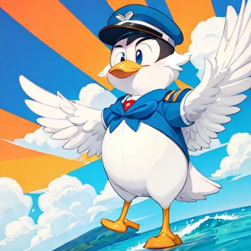 Large goose, cartoon, Disney style, wearing airline...