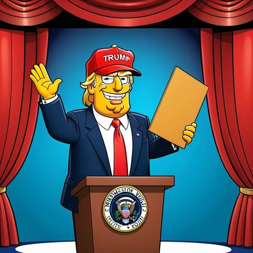 Donald Trump Simpson cartoon style, On stage with a...