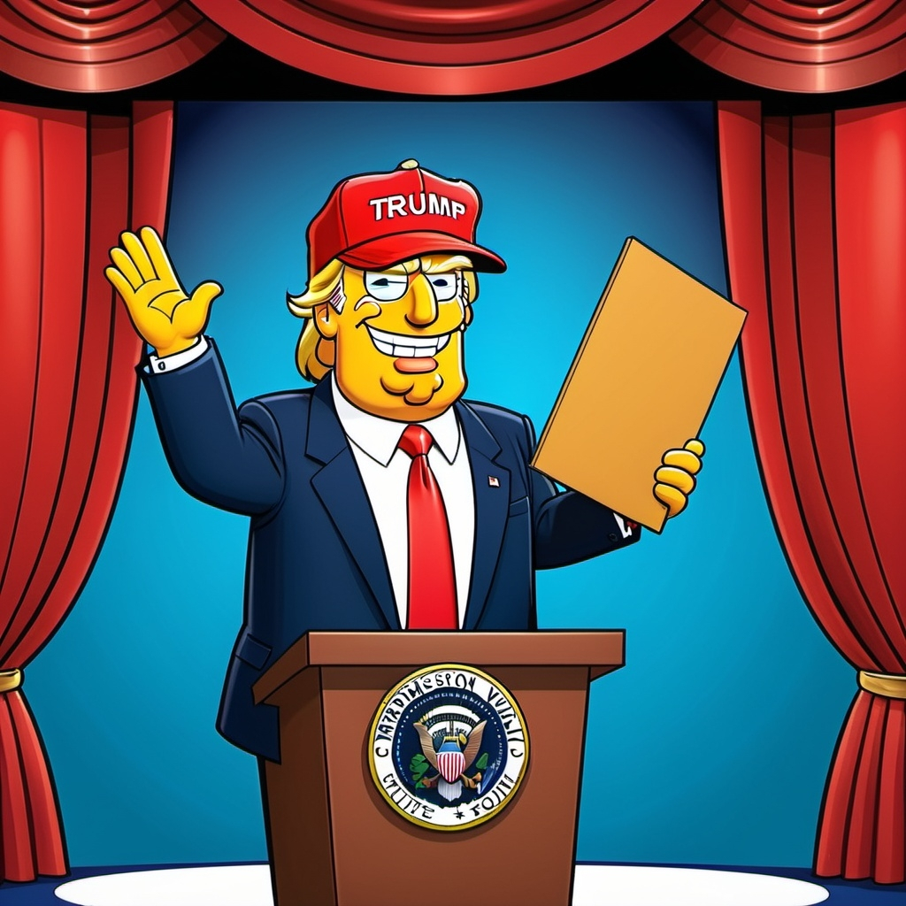Donald Trump Simpson cartoon style, On stage with a...