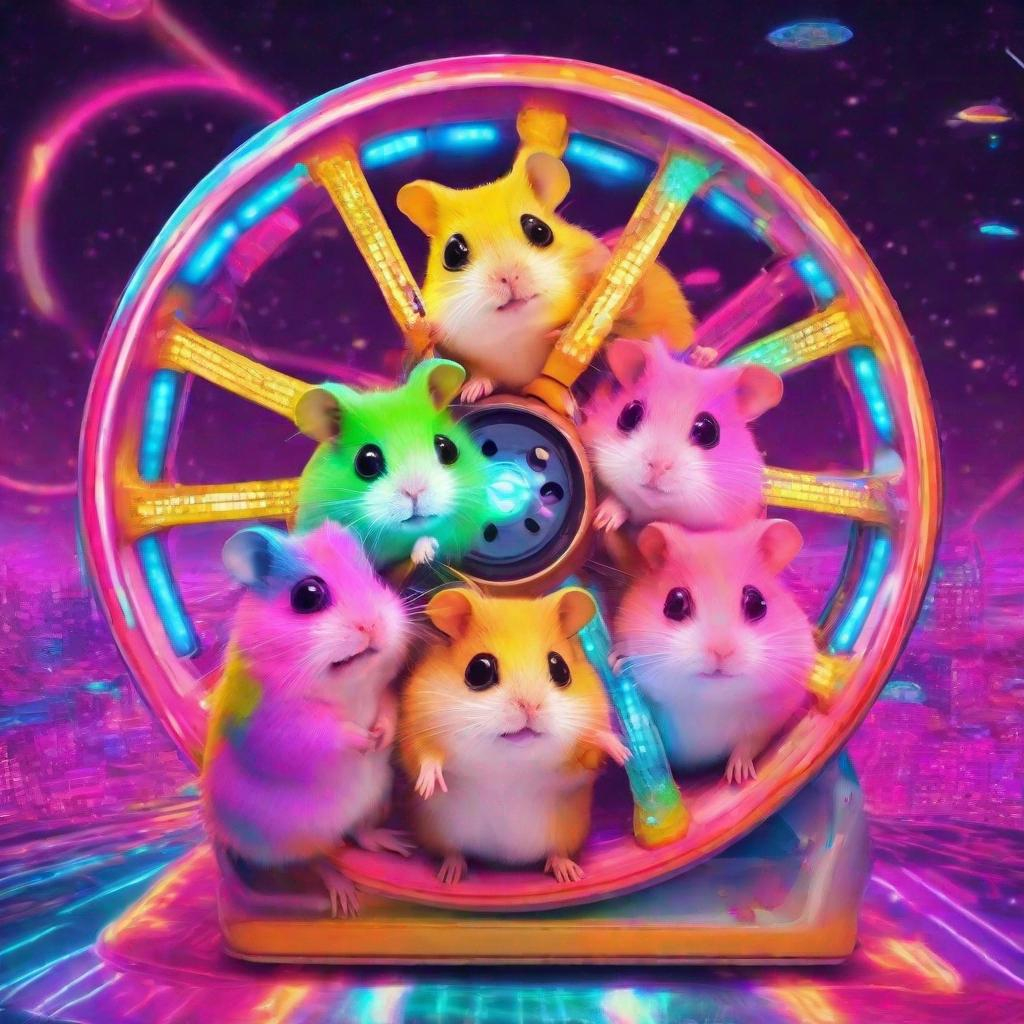 Disco hamsters in a wheel running in perpetuity neon...