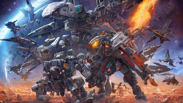 beautiful faces, mech, angels and demons fighting in...