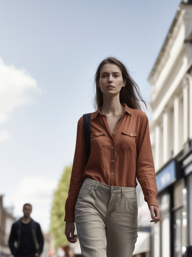 Tall young woman walking down the high street, detai...