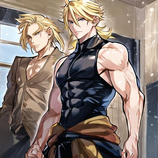 anime guy, blonde hair, prince, masculine, buff