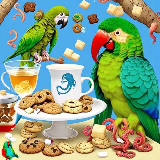 An illustration of an octopus and a parrot drinking...