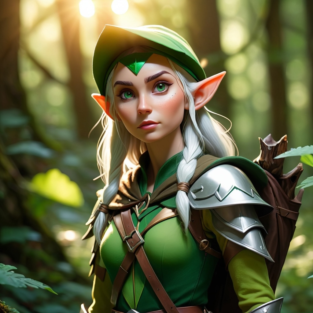 Elf ranger in a mystical forest around sunlight