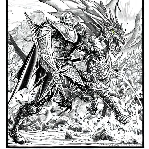 black and white coloring page of a knight fighting a... | OpenArt