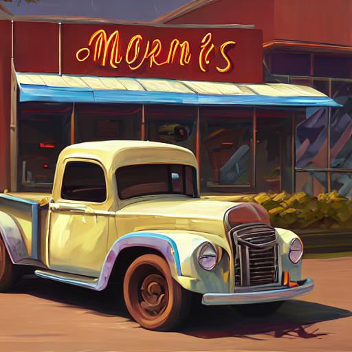 A painting of an old pickup parked in front of a din... | OpenArt