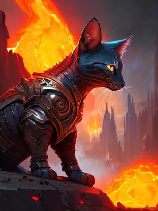 A cat blacksmith with a glowing red sword on an anvi... | OpenArt