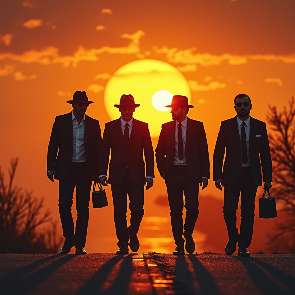 A group of gangsters walking into a sunset