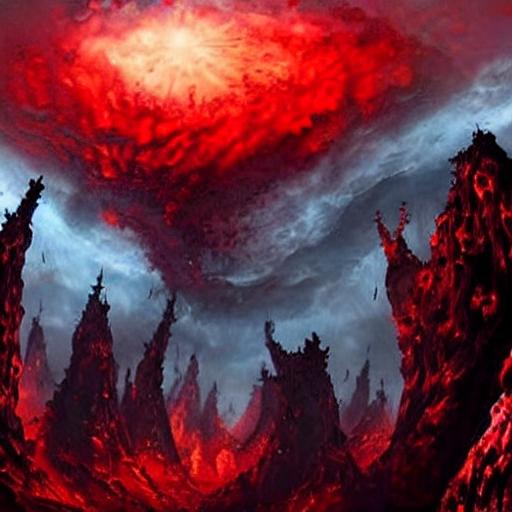 A hellish abyss near fiery volcanoes deep under the...