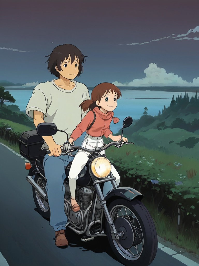 2d studio ghibli anime style, girl on motorcycle, an...