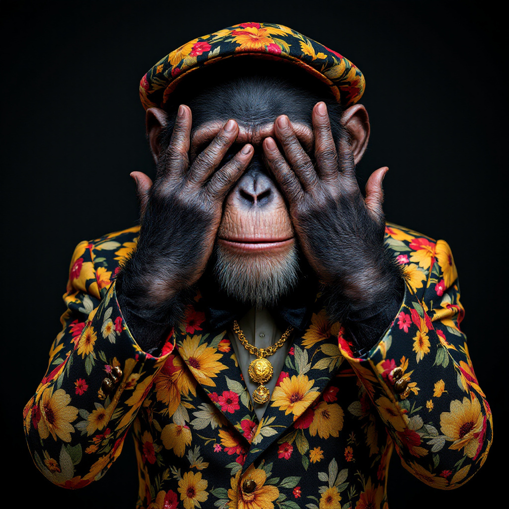 A stylish chimpanzee in a colorful floral suit and b...